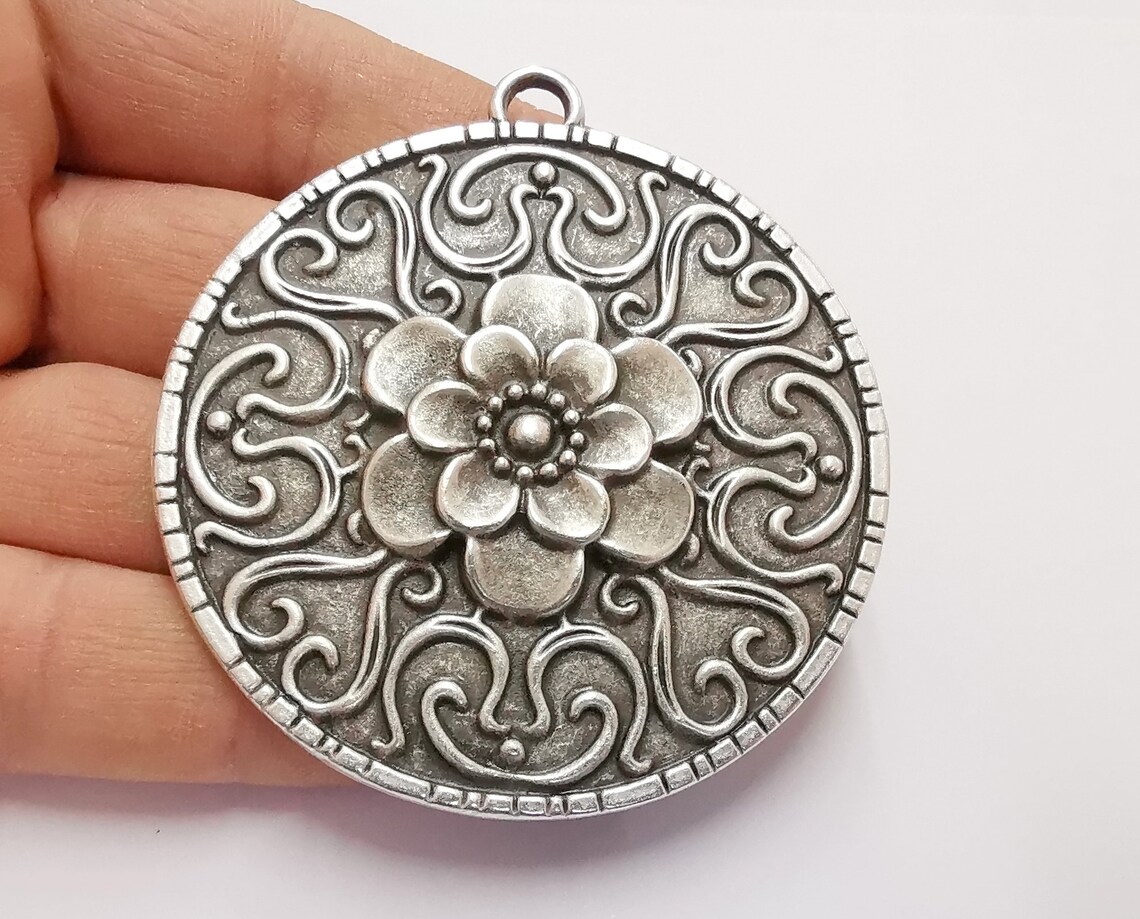 Flower Silver Pendant Antique Silver Plated Pendant 71x65mm - Etsy