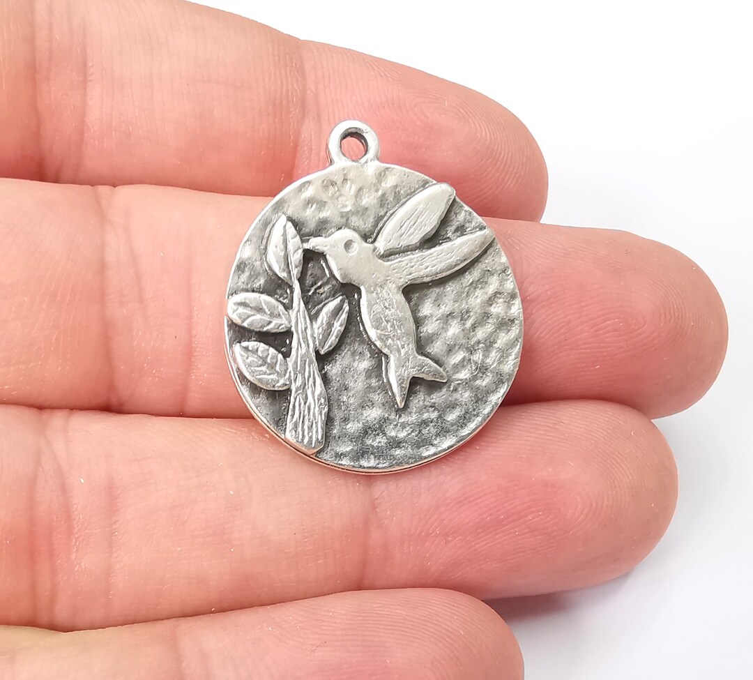 Hummingbird and Flower Charms, Antique Silver Plated Bird Charms (25mm ...