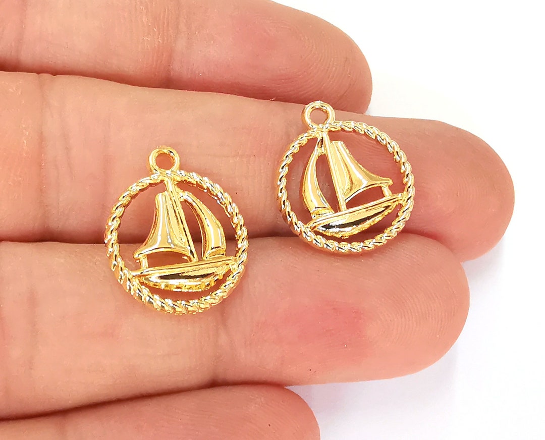 2 Sailing Boat Ship Charms (double Sided) 24K Shiny Gold Plated Charms ...