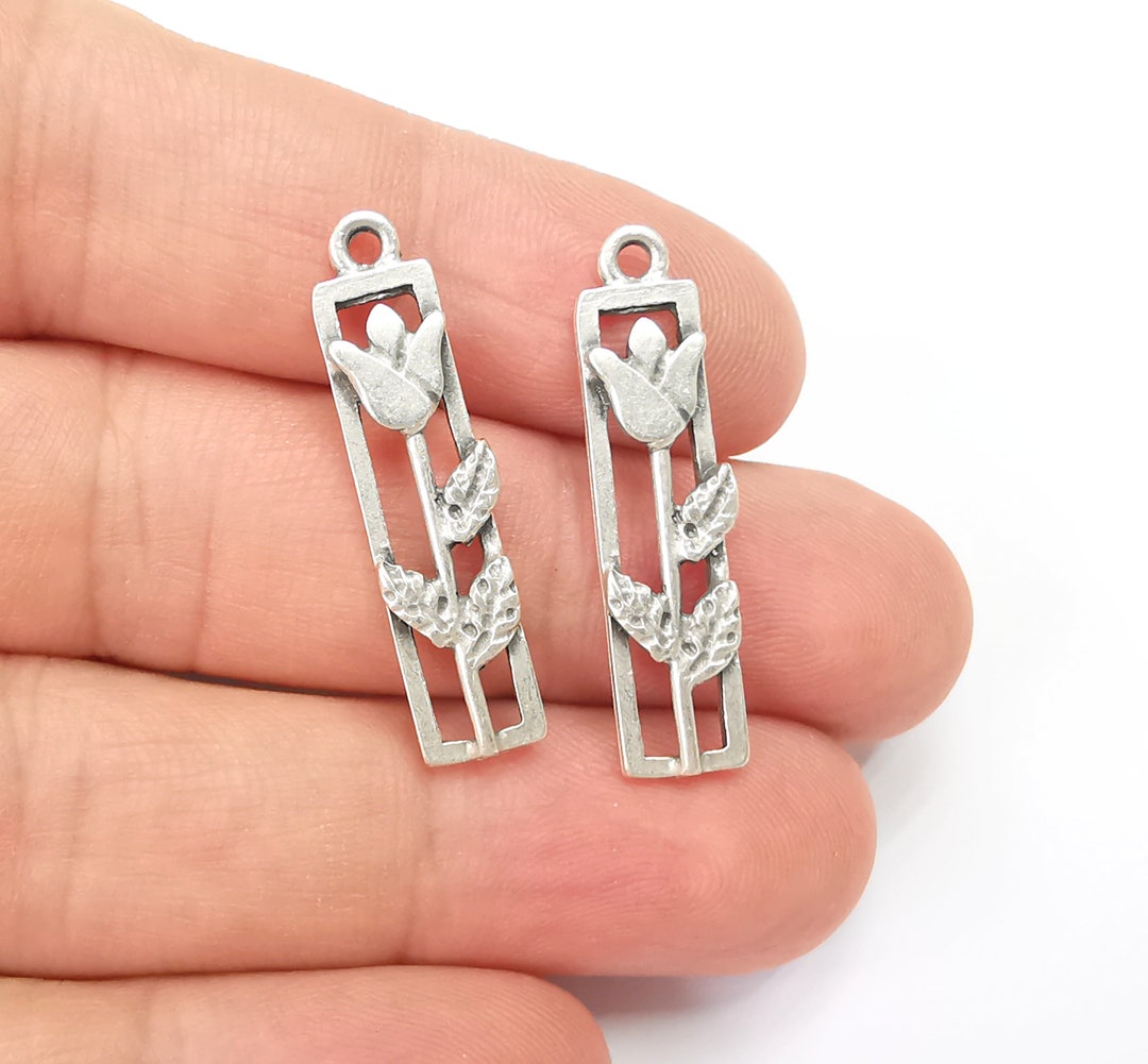Flower Charms Branch Plant Charms Antique Silver Plated Tulip, Dangle ...