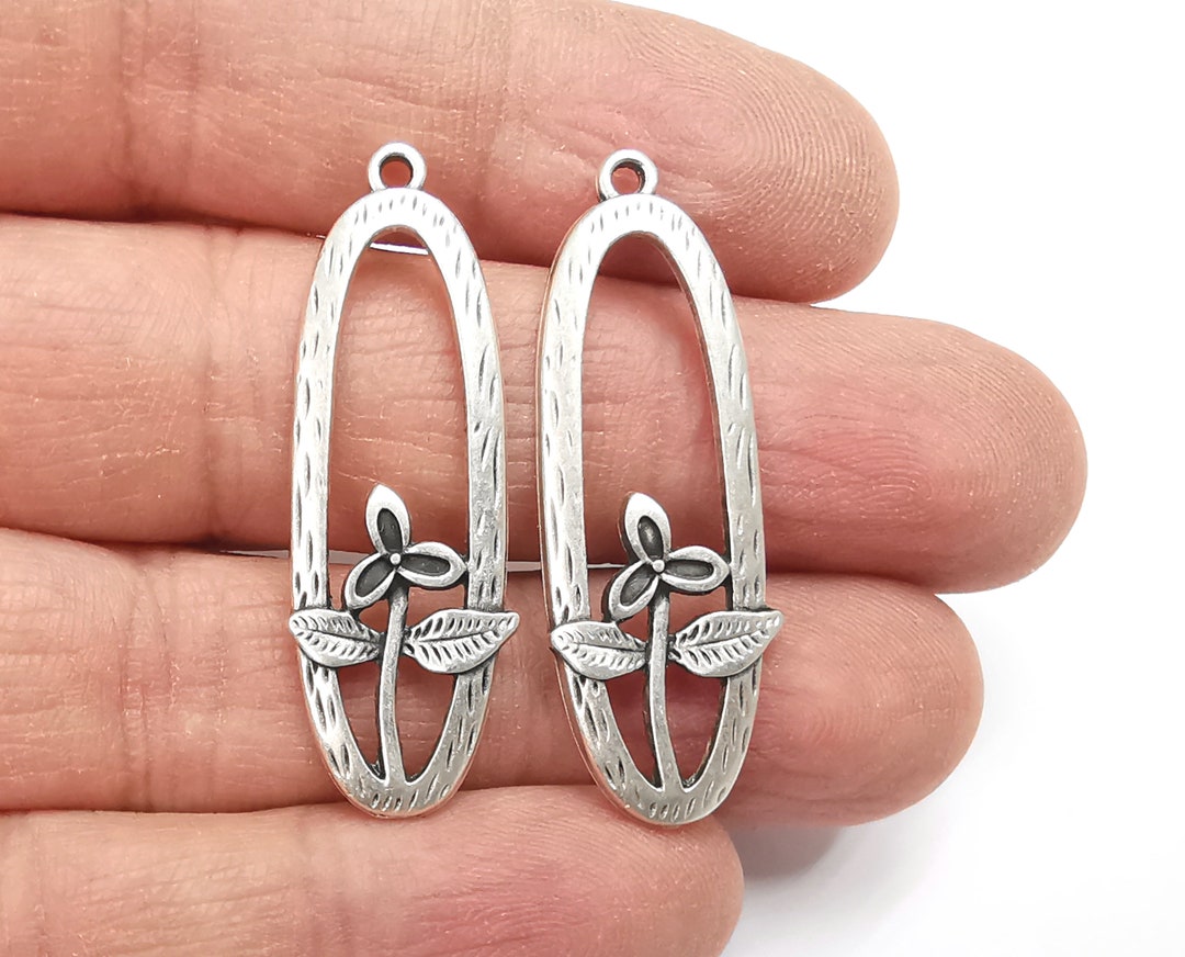 Flower Leaf Oval Charms Antique Silver Plated Charms (41x14mm) G27652 ...