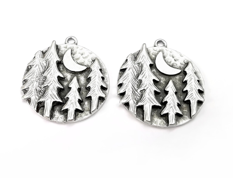 Forest Landscape Pine Tree Crescent Moon Round Charms Pendant Antique ...