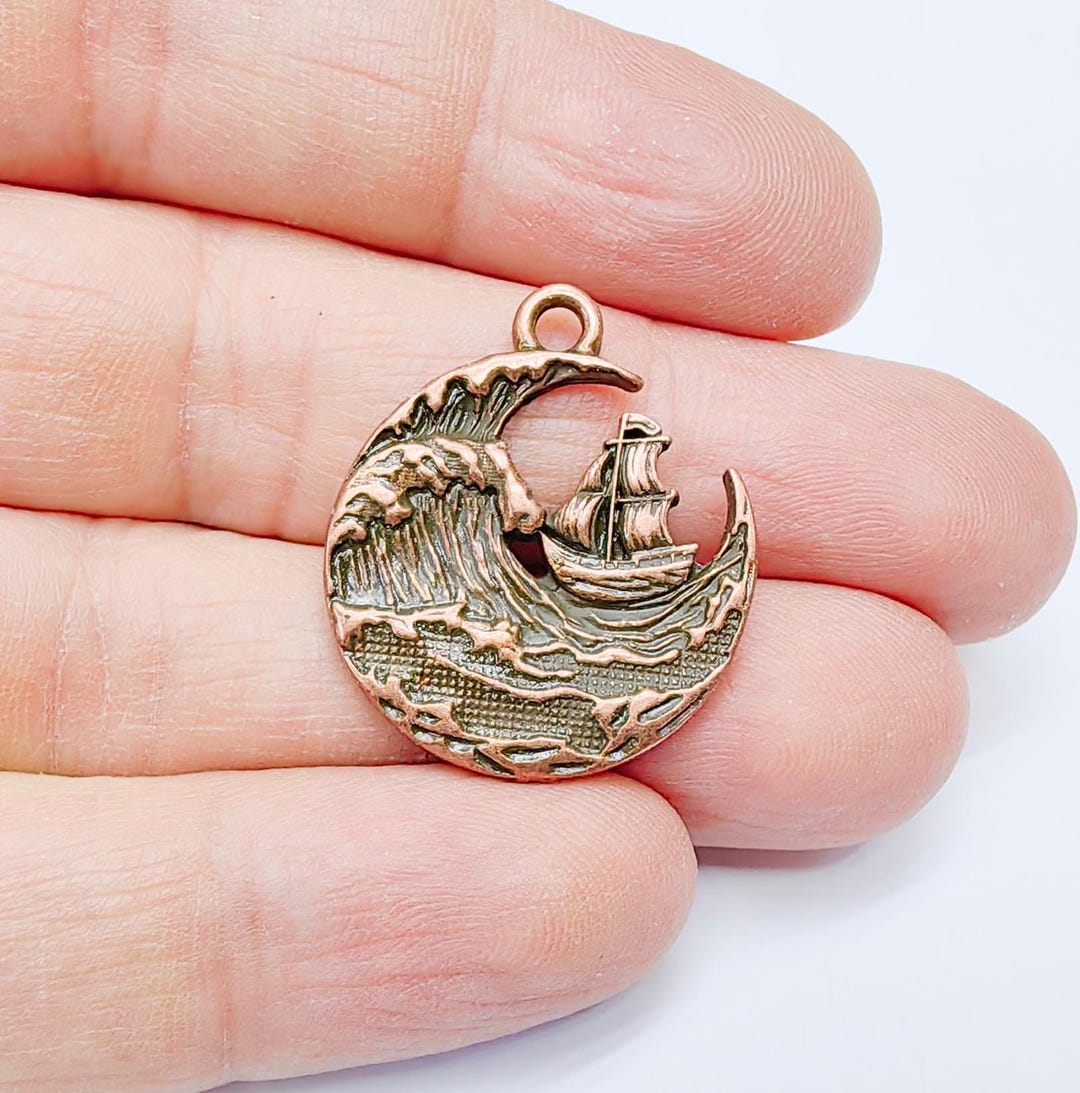 Sailing Ship Charm, Ocean Wave Pendant, Nautical Jewelry, Sea Maritime ...