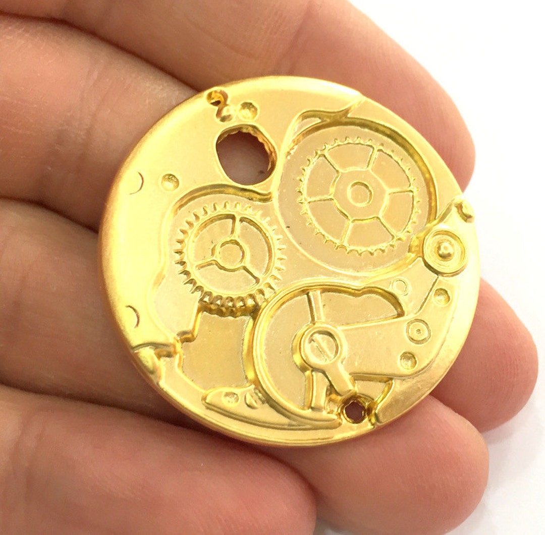 2 Gold Pendant Clockwork Pendant , Gold Plated Metal 35 Mm G3172 - Etsy