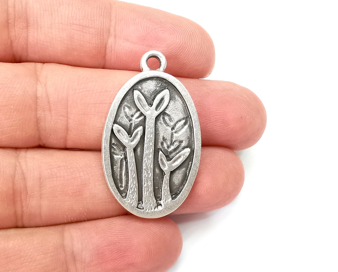 Sprouts Charms, Leaf Oval Dangle Charms, Antique Silver Plated (38x22mm ...