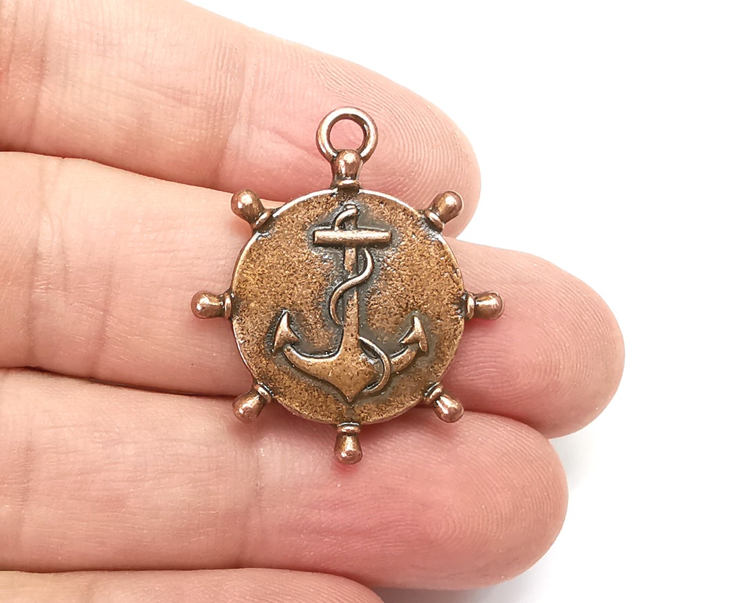 Anchor, Ship Wheel Round Charms, Antique Copper Plated Charms (32x28mm ...