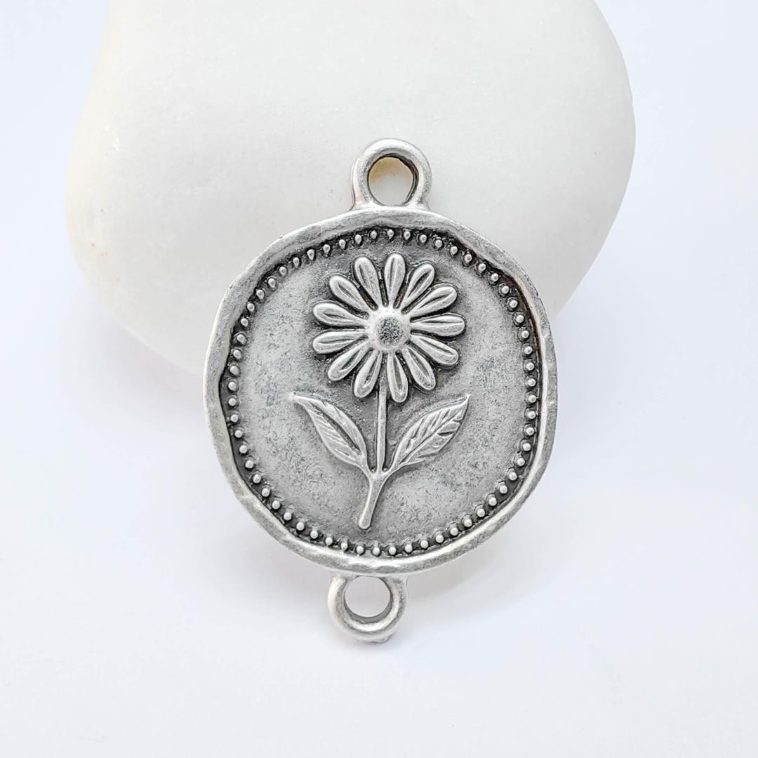 Daisy Flower Connector Charm, Floral Botanical Design, Antique Silver ...