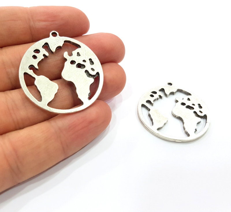 2 World Map Charm Silver Charm Antique Silver Plated Metal 34 - Etsy