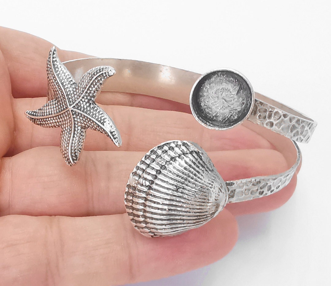 Starfish Sea Shell Silver Bracelet Brass Cuff Blank Bezel Glass ...