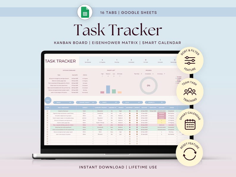 Task Tracker Spreadsheet Template Googlesheets Digital to Do List Task Manager Work Planner ...