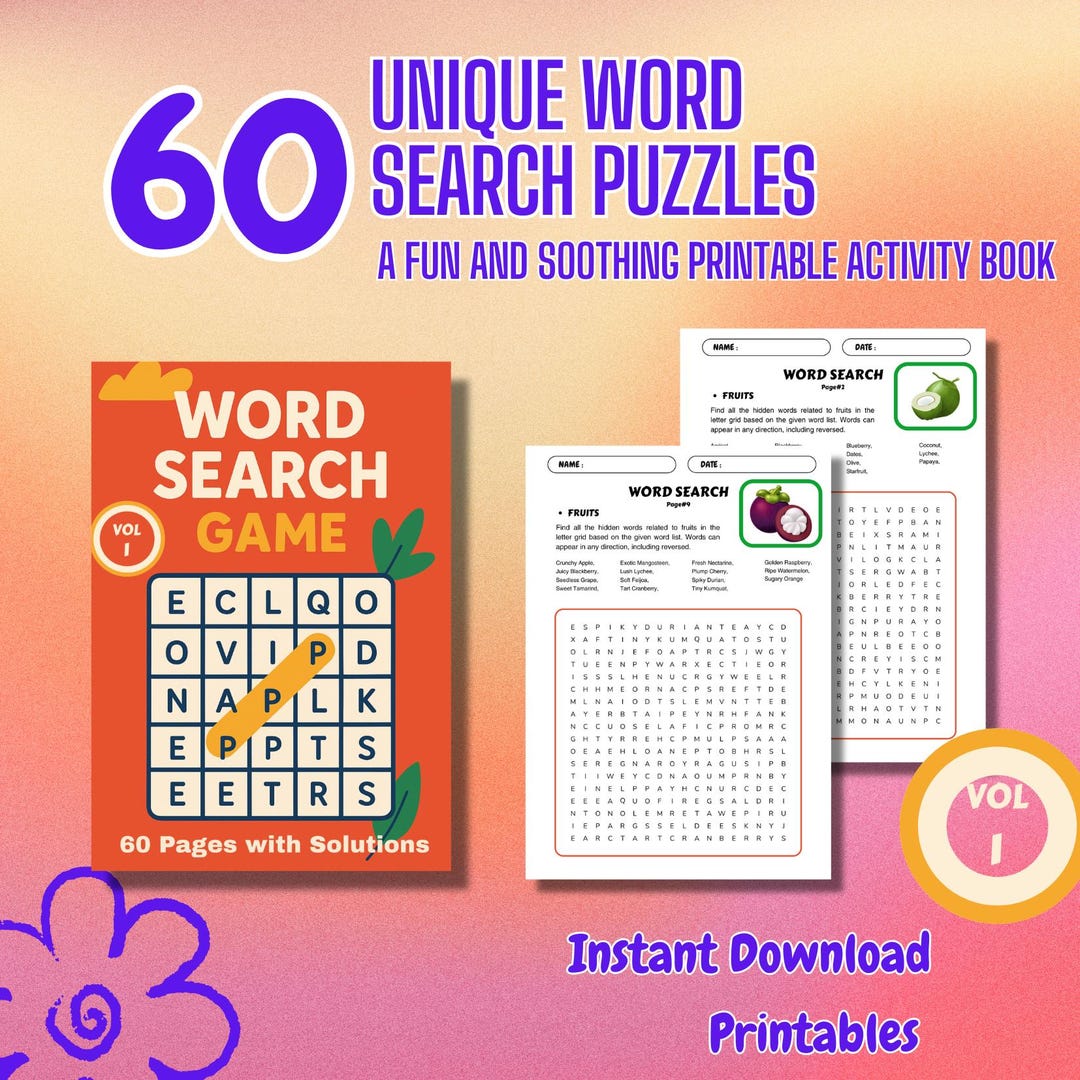 60 Unique Word Search Puzzles: A Fun and Soothing Printable Activity ...
