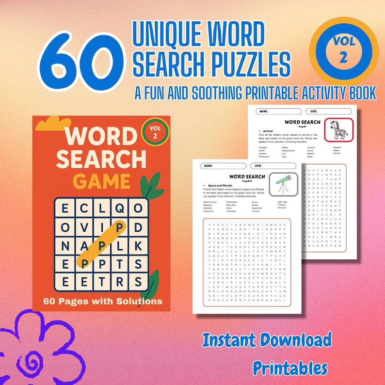 Vol 2_60 Unique Word Search Puzzles: A Fun and Soothing Printable ...