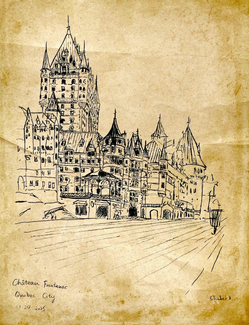 Vintage Pencil Sketch of Fairmont Le Château Frontenac – Quebec City ...