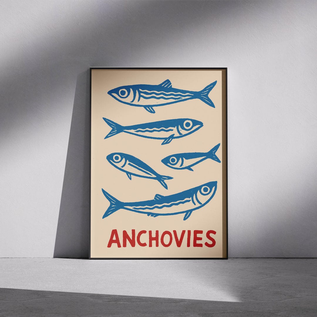 ANCHOVIES Linocut Fish Poster – Retro Kitchen Wall Art, Hand-carved ...