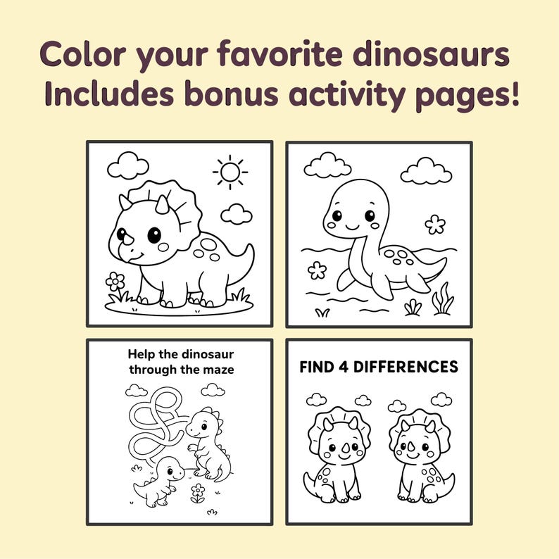 Kawaii Dinosaur Coloring Book for Kids – 20 Easy Dino Pages for ...