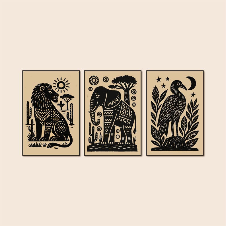 African Tribal Art Print Set – Linocut Lion, Elephant, Bird (digital ...