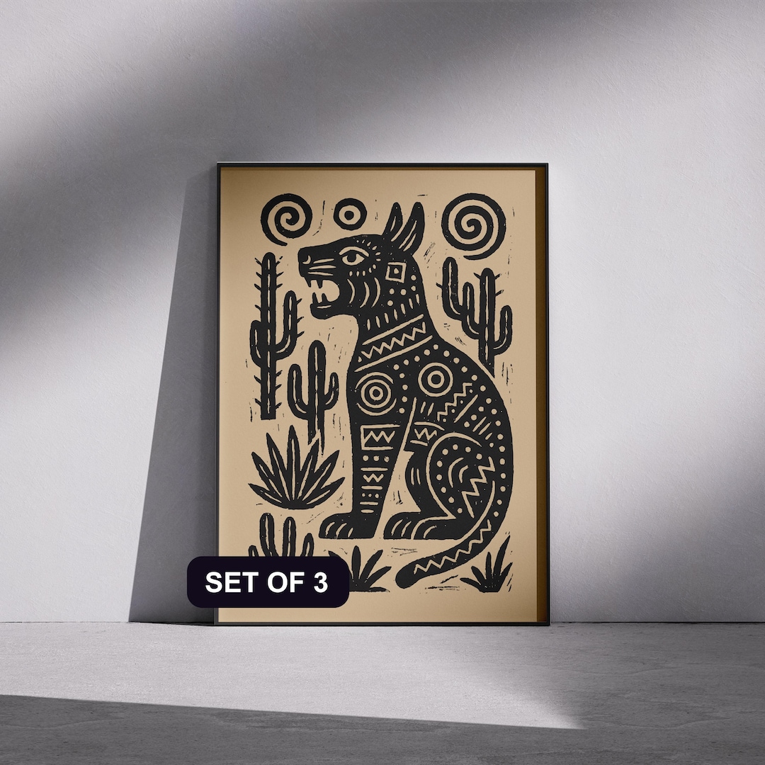 Oaxaca-inspired Linocut Animal Print Set of 3 | Mexican Folk Desert ...