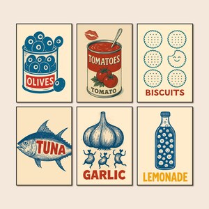 Retro Kitchen Poster Set of 6 – Vintage Food Wall Art, Linocut Style ...