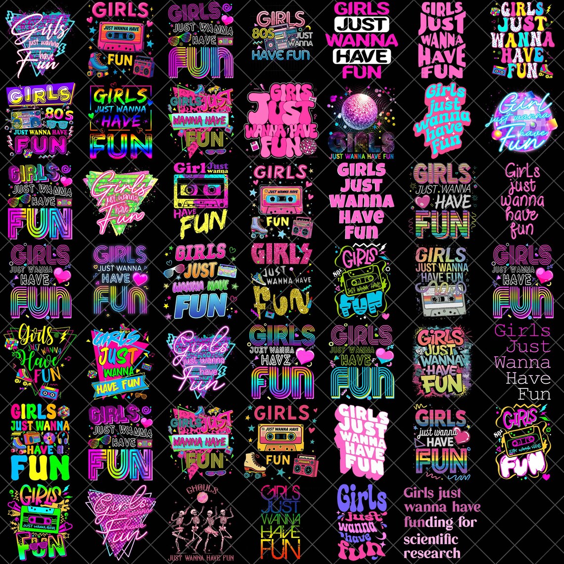 Girls Just Wanna Have Fun PNG Bundle, 80's Neon Retro PNG, Pink 80's ...