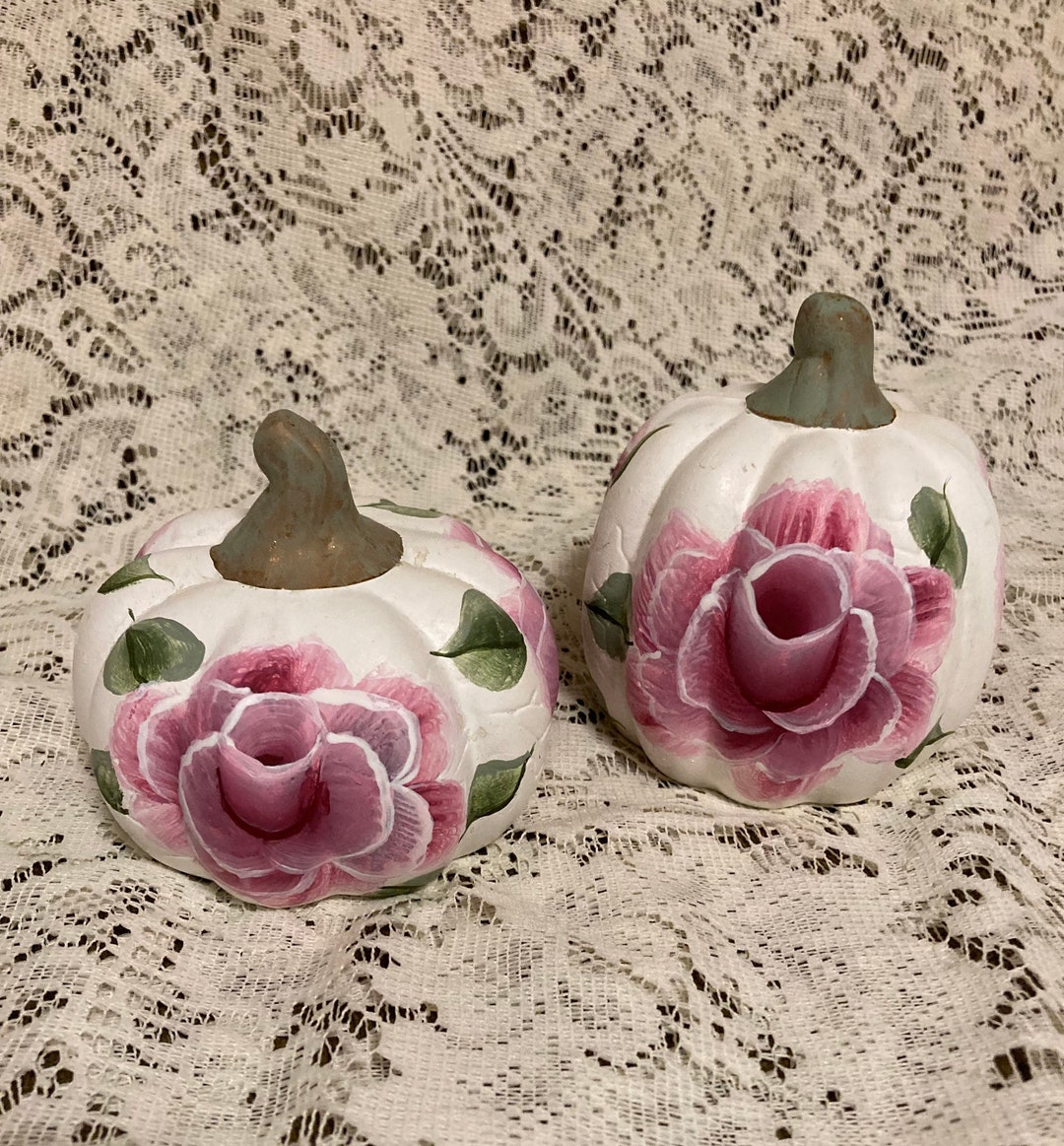 Set of 2 Shabby Cottage Chic Hand Painted Pink Rose Victorian Pumpkins ...