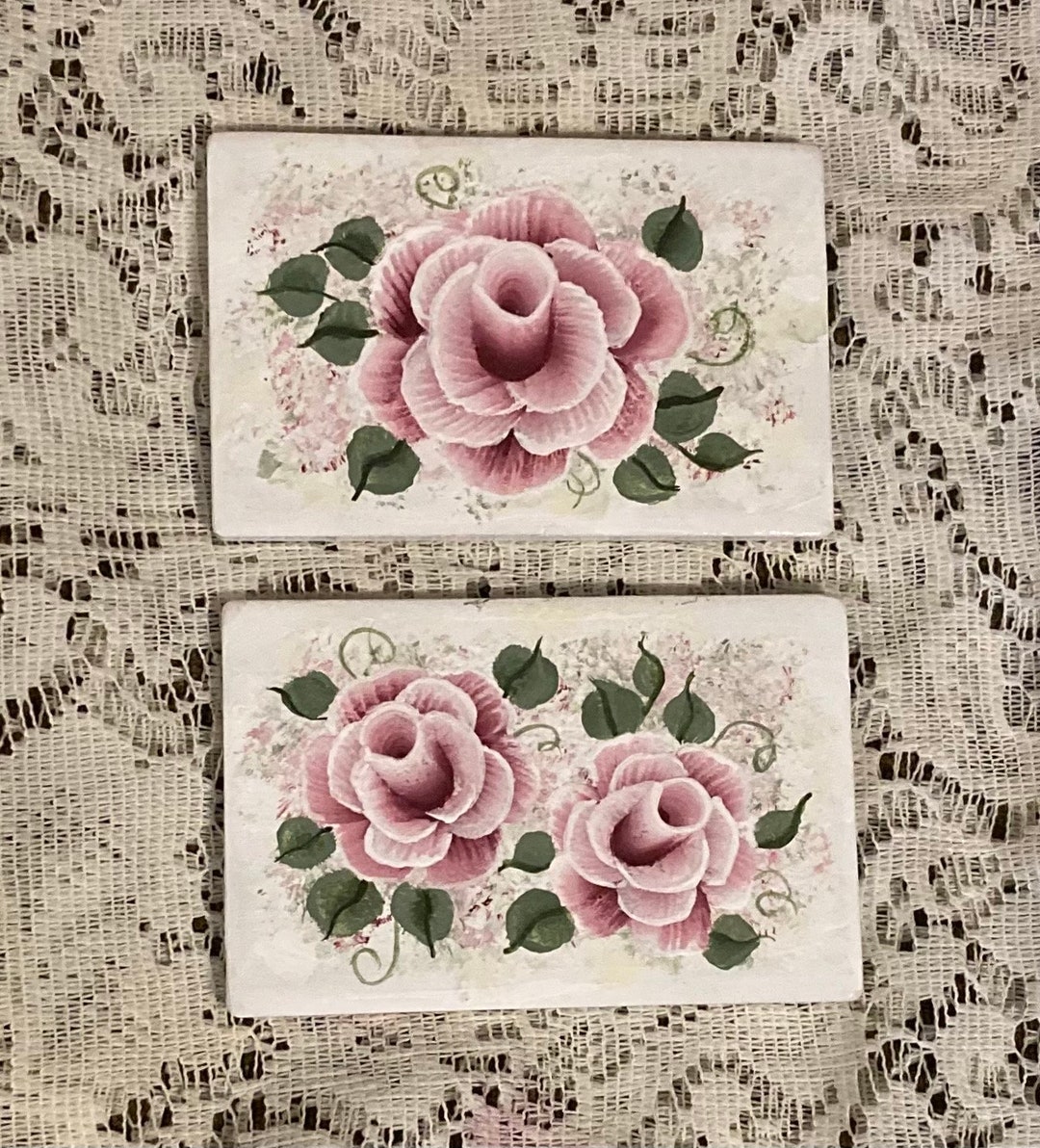 Set of 2 Ceramic Tile Magnets With Hand Painted Victorian Pink Roses ...