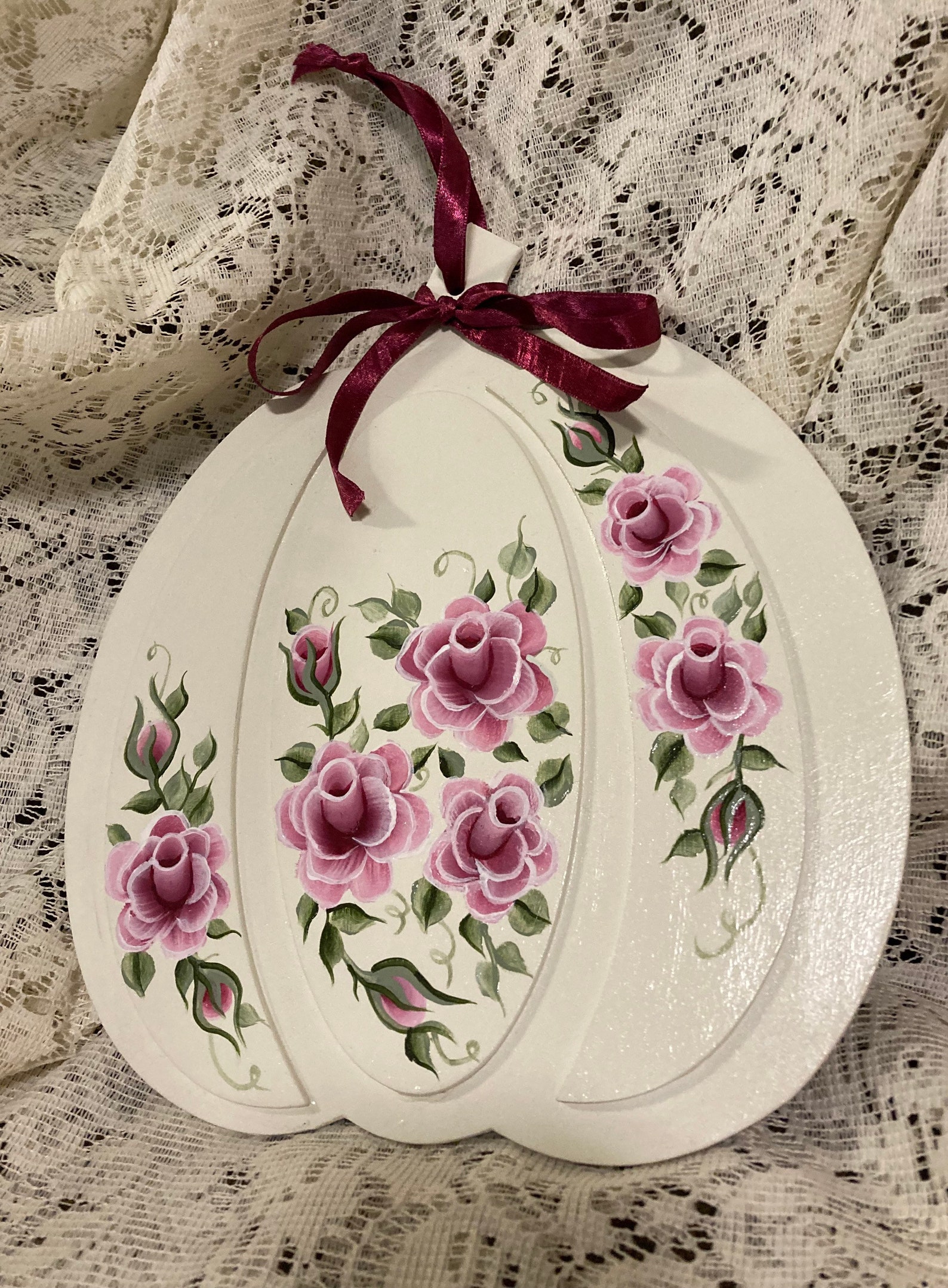 Shabby Cottage Chic Pumpkin Hand Painted Pink Victorian Roses - Etsy