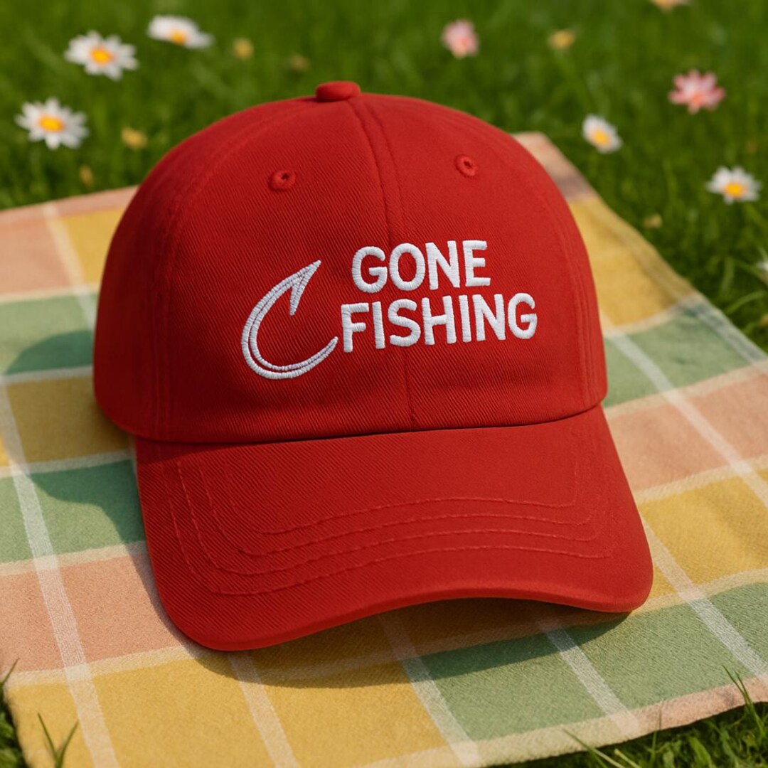 Gone Fishing Embroidered Hat – Funny Fisherman Baseball Cap – Red Wash ...