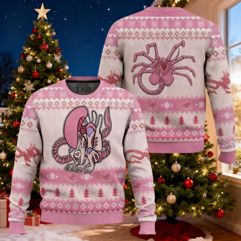 Pink Xenomorph Facehugger Ugly Christmas Sweater, Kawaii Sci-fi Horror ...