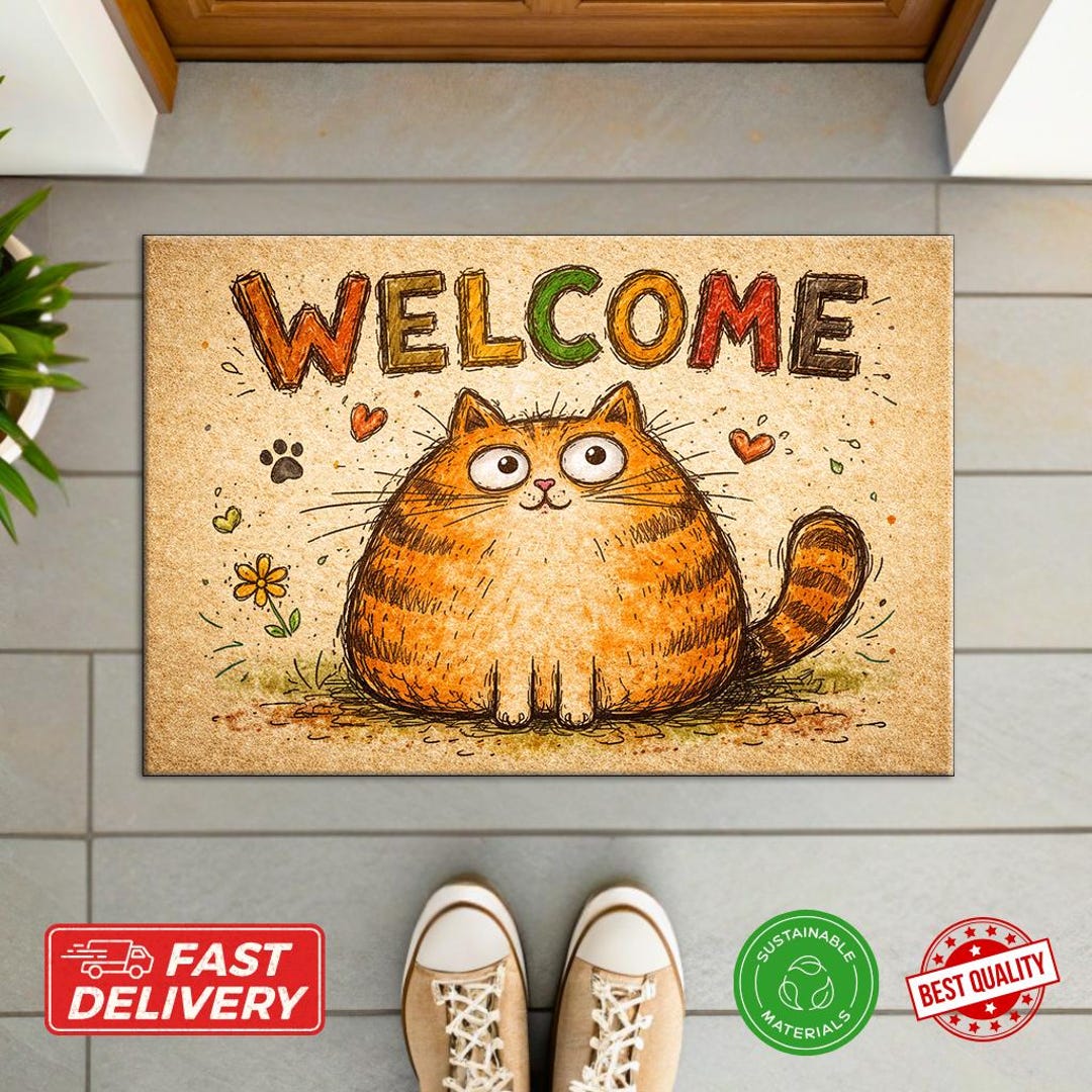 Cute Cat Welcome Mat - Funny Orange Tabby Doormat, Whimsical Pet Lover ...