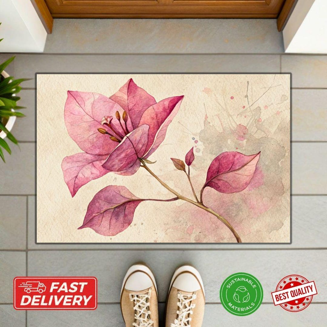 Bougainvillea Floral Welcome Mat – Elegant Watercolor Door Mat for Home ...