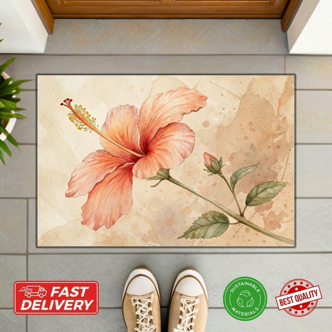 Hibiscus Flower Welcome Mat – Tropical Watercolor Doormat for Home ...