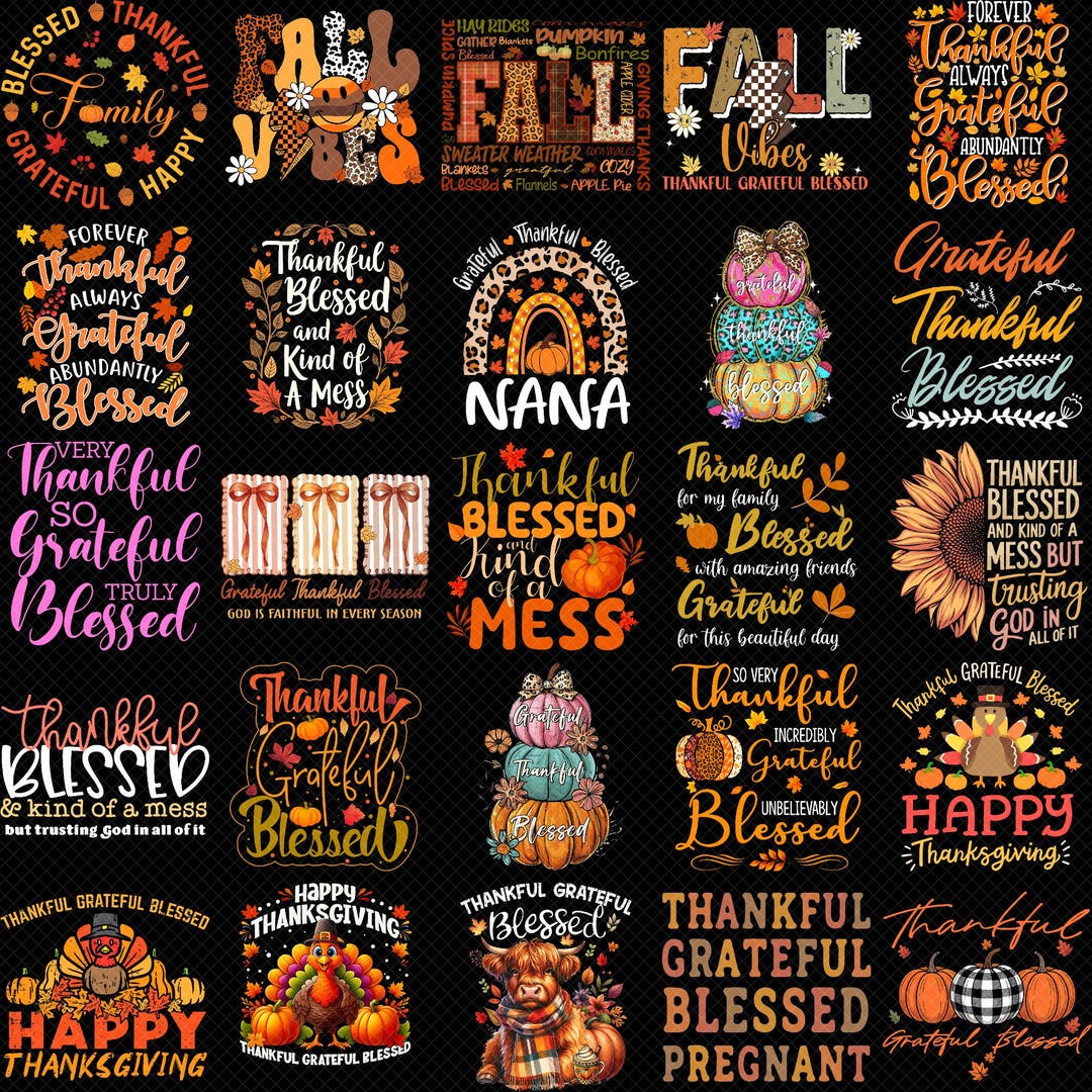 Thankful Blessed PNG Bundle, Fall Thanksgiving PNG, Grateful Autumn ...