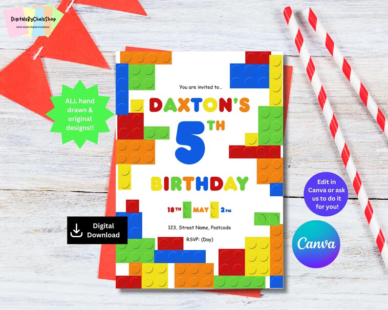 LEGO Birthday Digital Invitation, Printable, Customise, Kid, Birthday ...