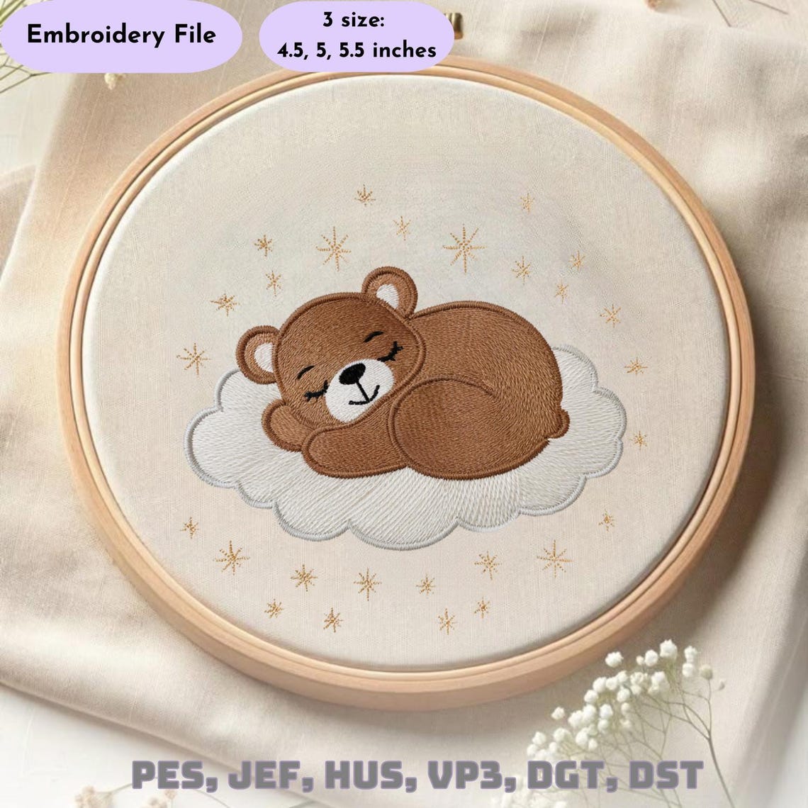 Sleeping Teddy Bear Embroidery File Cute Animal on Cloud Design for ...