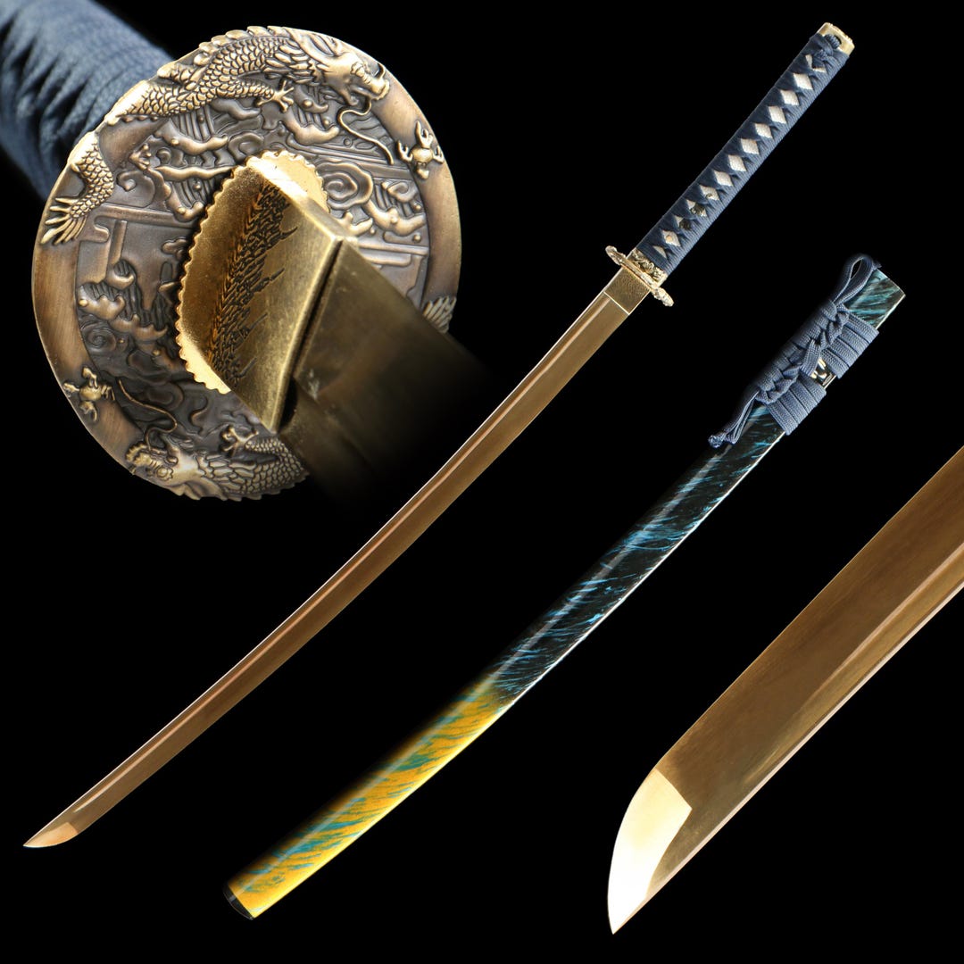 Golden Brass Katana Sword With Dragon Tsuba | Handmade Full Tang ...