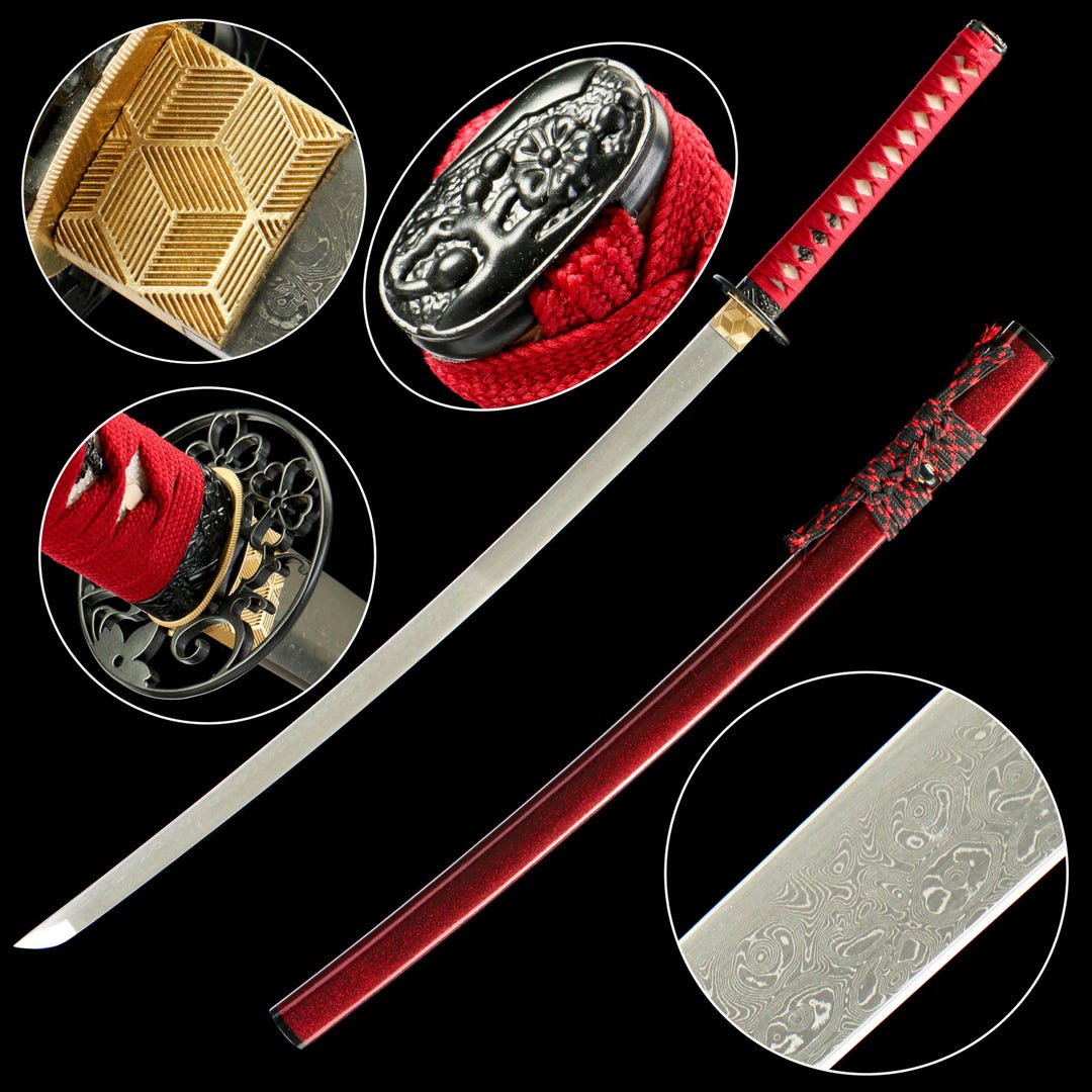 Hand-forged Red Damascus Katana With Floral Iron Tsuba | Brass Habaki ...