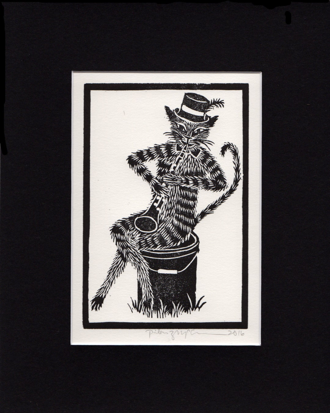 Cat Playing Clarinet Matted Linocut Hand Printed Hand Carved Black ...