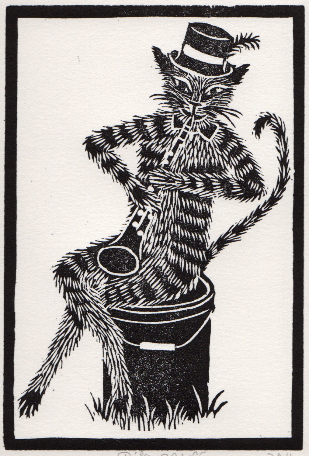 Cat Playing Clarinet Matted Linocut Hand Printed Hand Carved Black ...