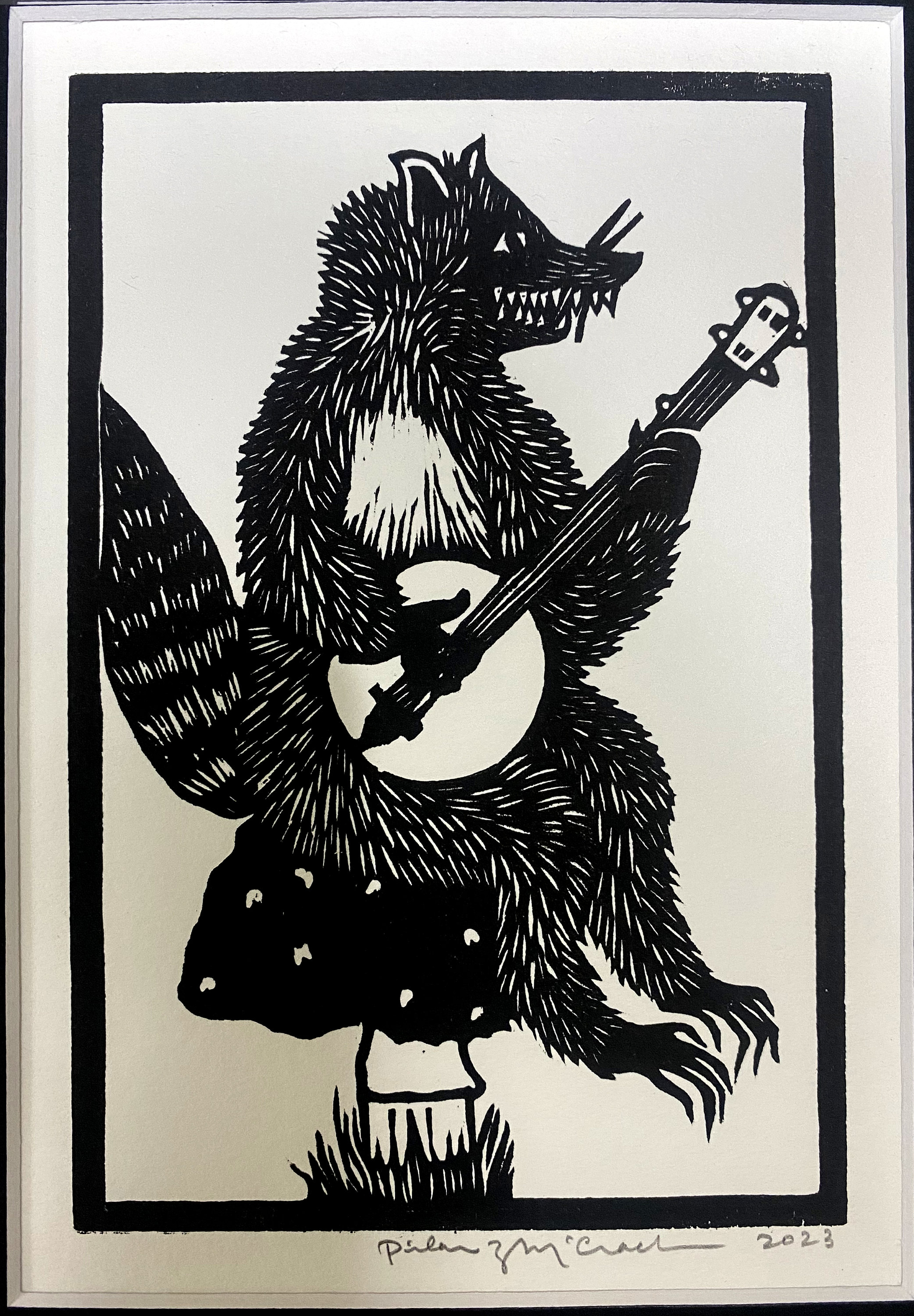 Raccoon Playing Banjo Matted Linocut Hand Printed Hand Carved - Etsy