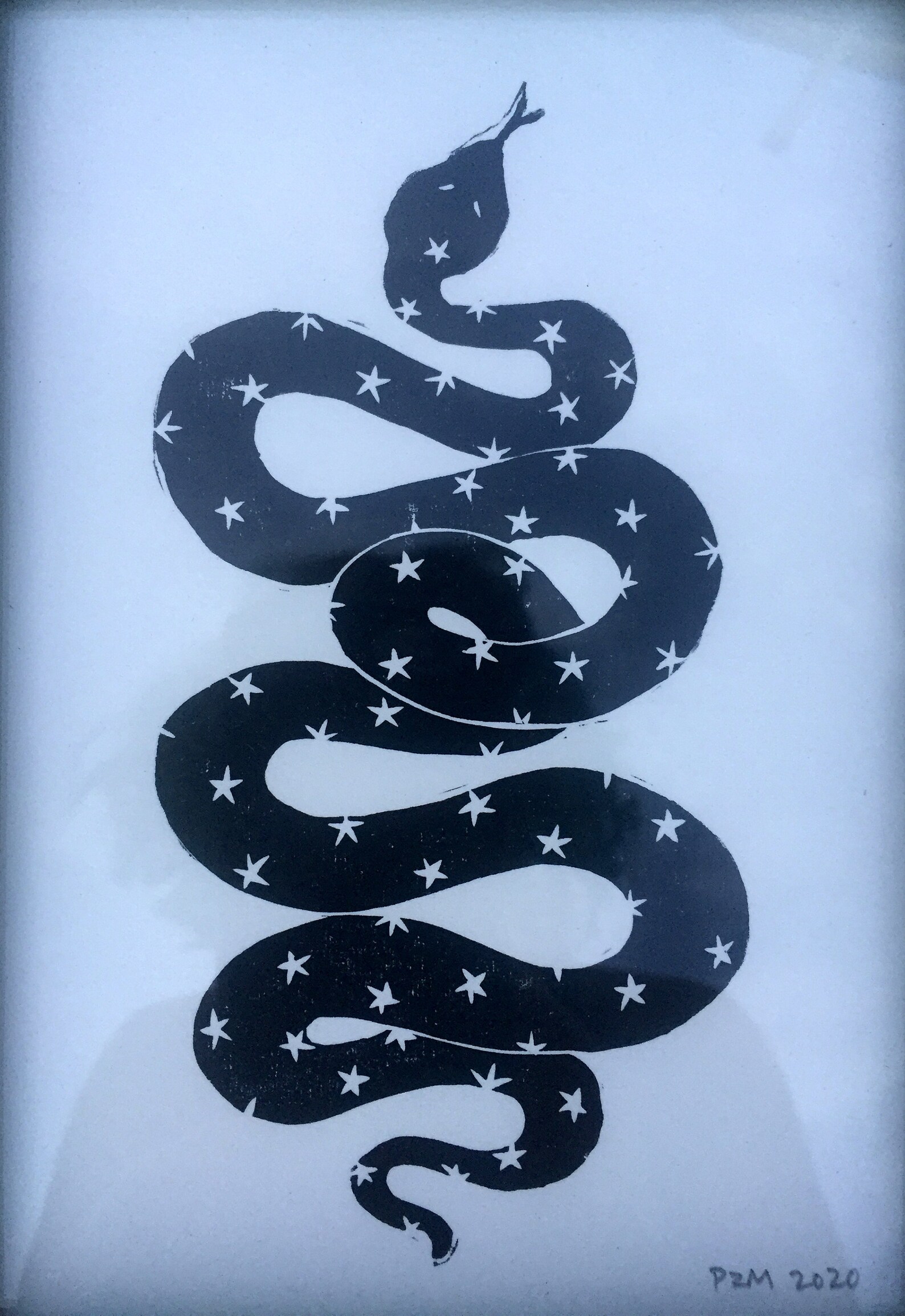 Woodcut Print of a Snake Covered in Stars in Decorated Frame - Etsy