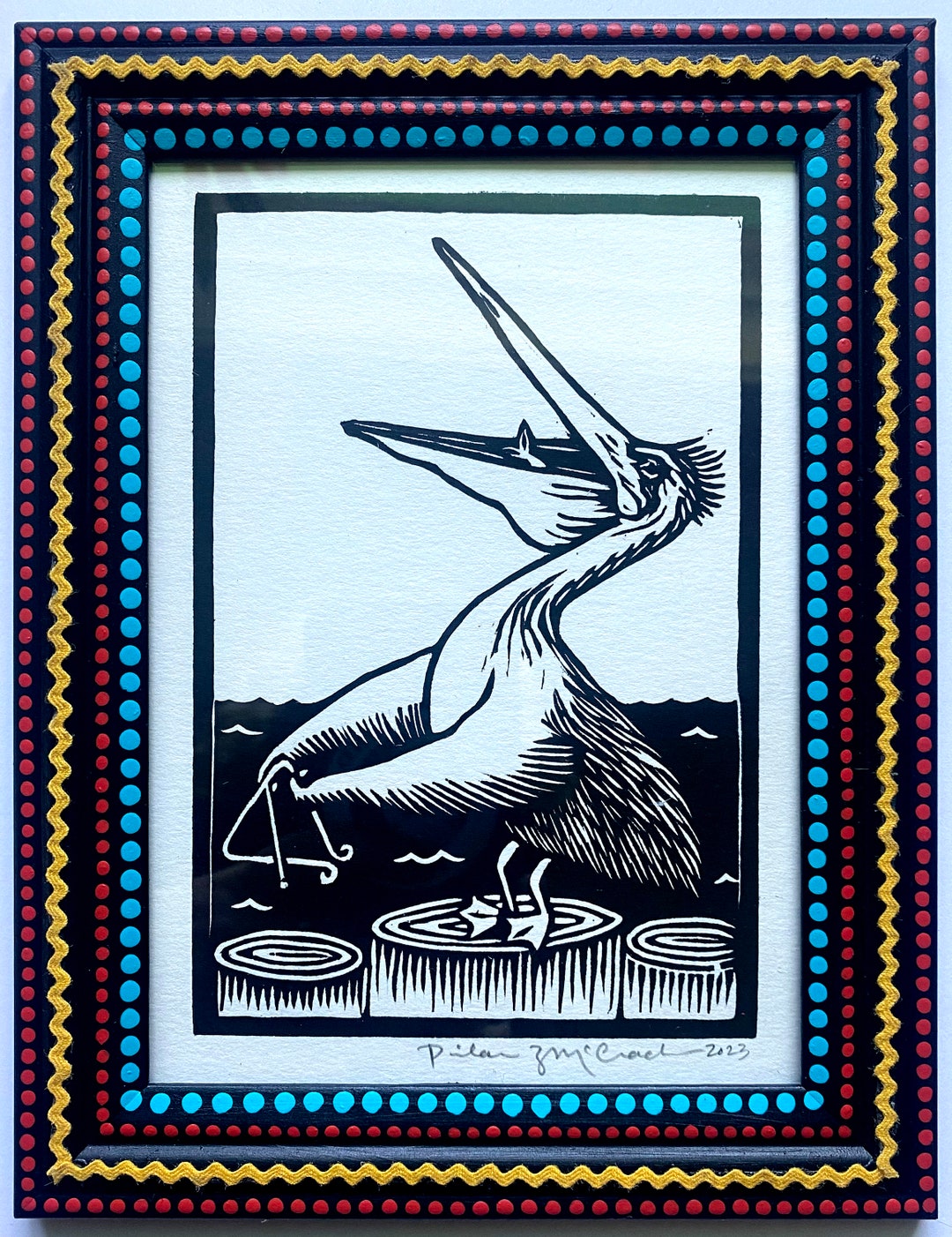 Pelican Playing Triangle T Fer Woodcut Print in Decorated Frame - Etsy