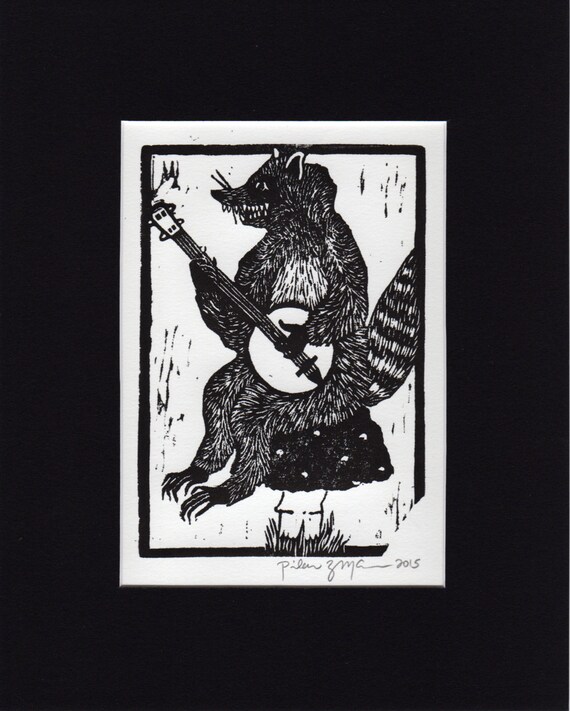 Raccoon Playing Banjo Matted Linocut Hand Printed Hand Carved | Etsy