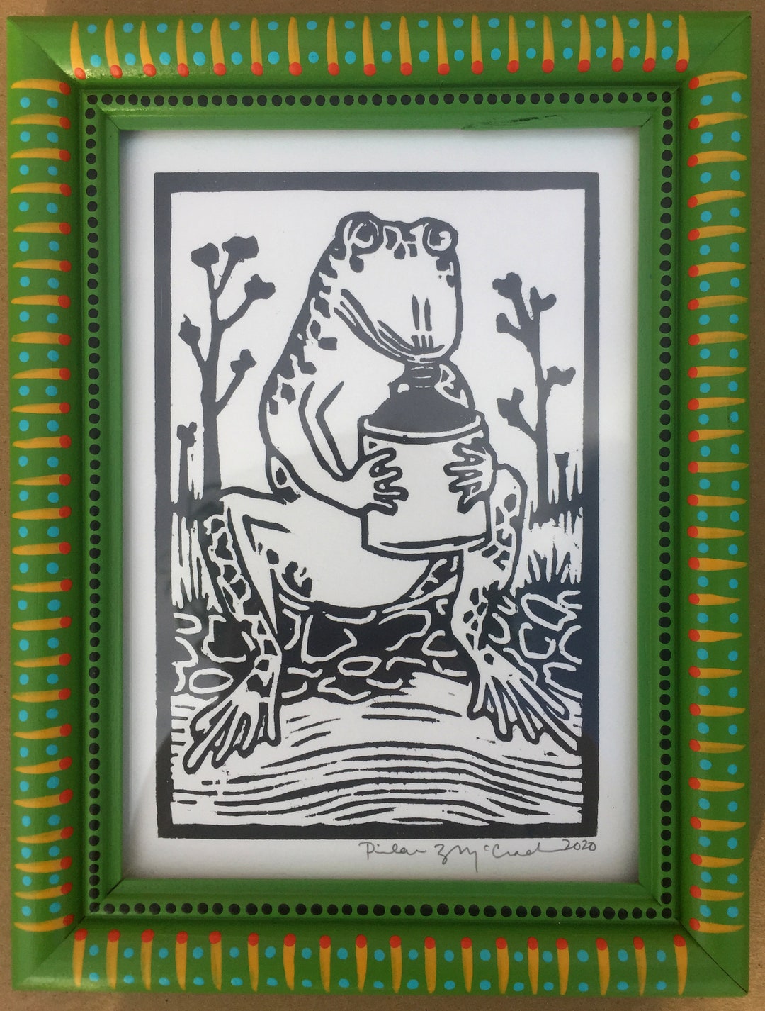 Frog Playing the Jug Woodcut Print in Decorated Frame - Etsy