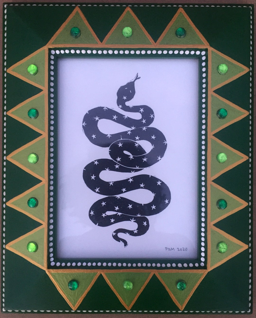 Woodcut Print of a Snake Covered in Stars in Decorated Frame - Etsy