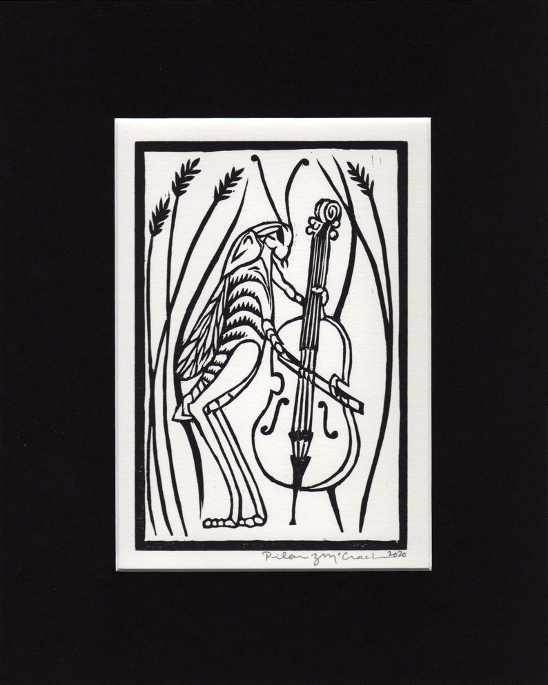Grasshopper Playing Bass Cello Tololoche Matted Linocut Hand - Etsy