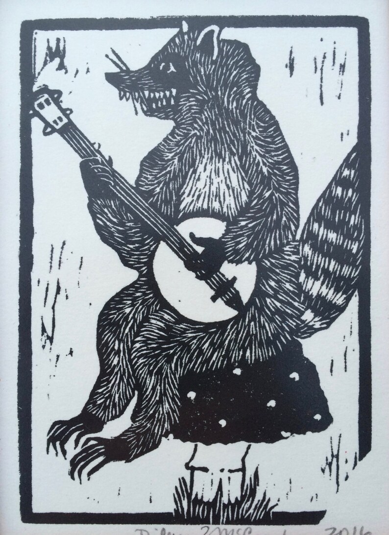 Raccoon Playing Banjo Linocut Print in Decorated Frame - Etsy