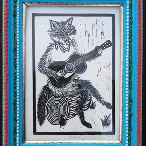Fox Playing Guitar Linocut Print in Decorated Frame - Etsy