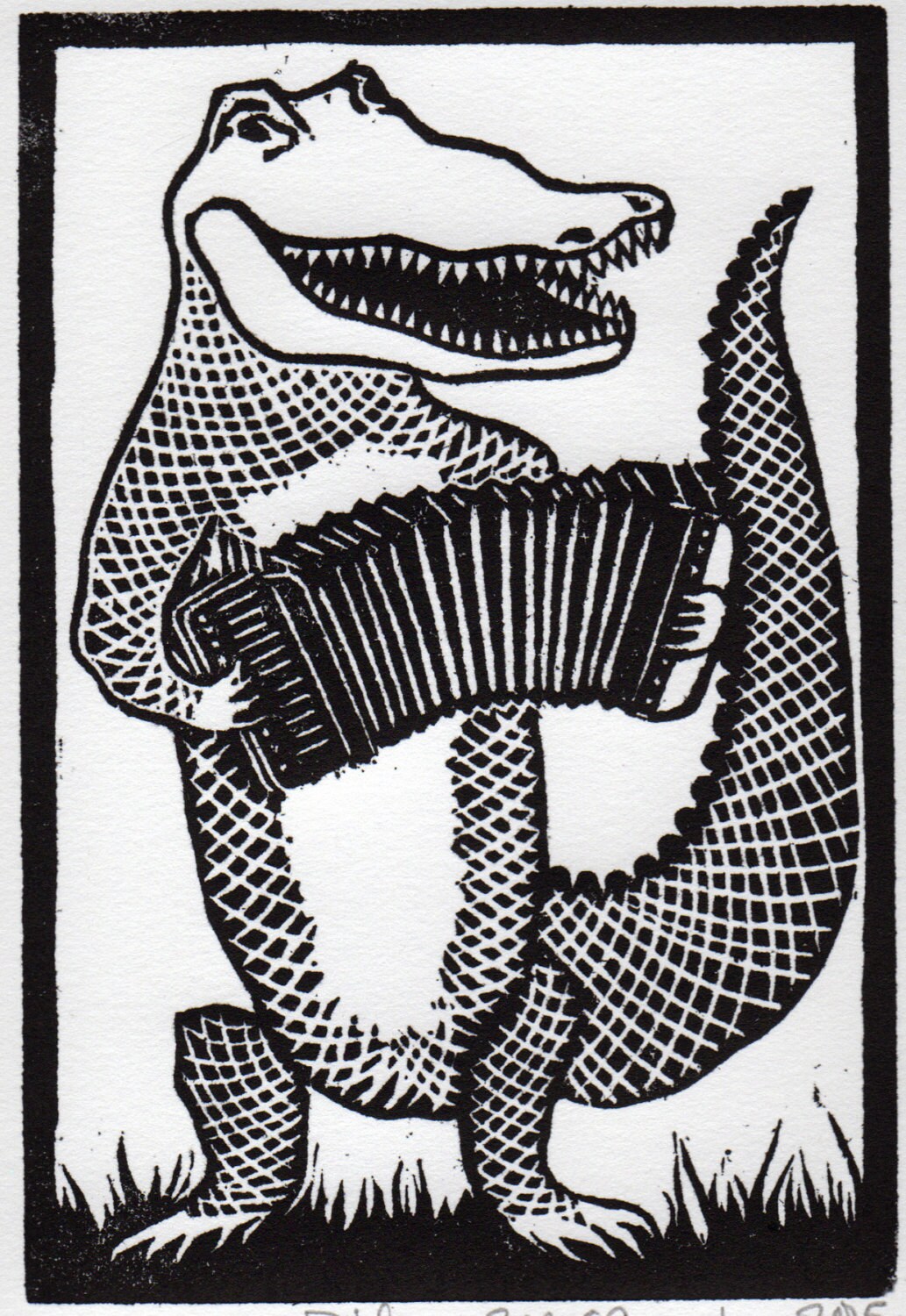Alligator Playing the Accordion Matted Linocut Hand Printed Hand Carved ...