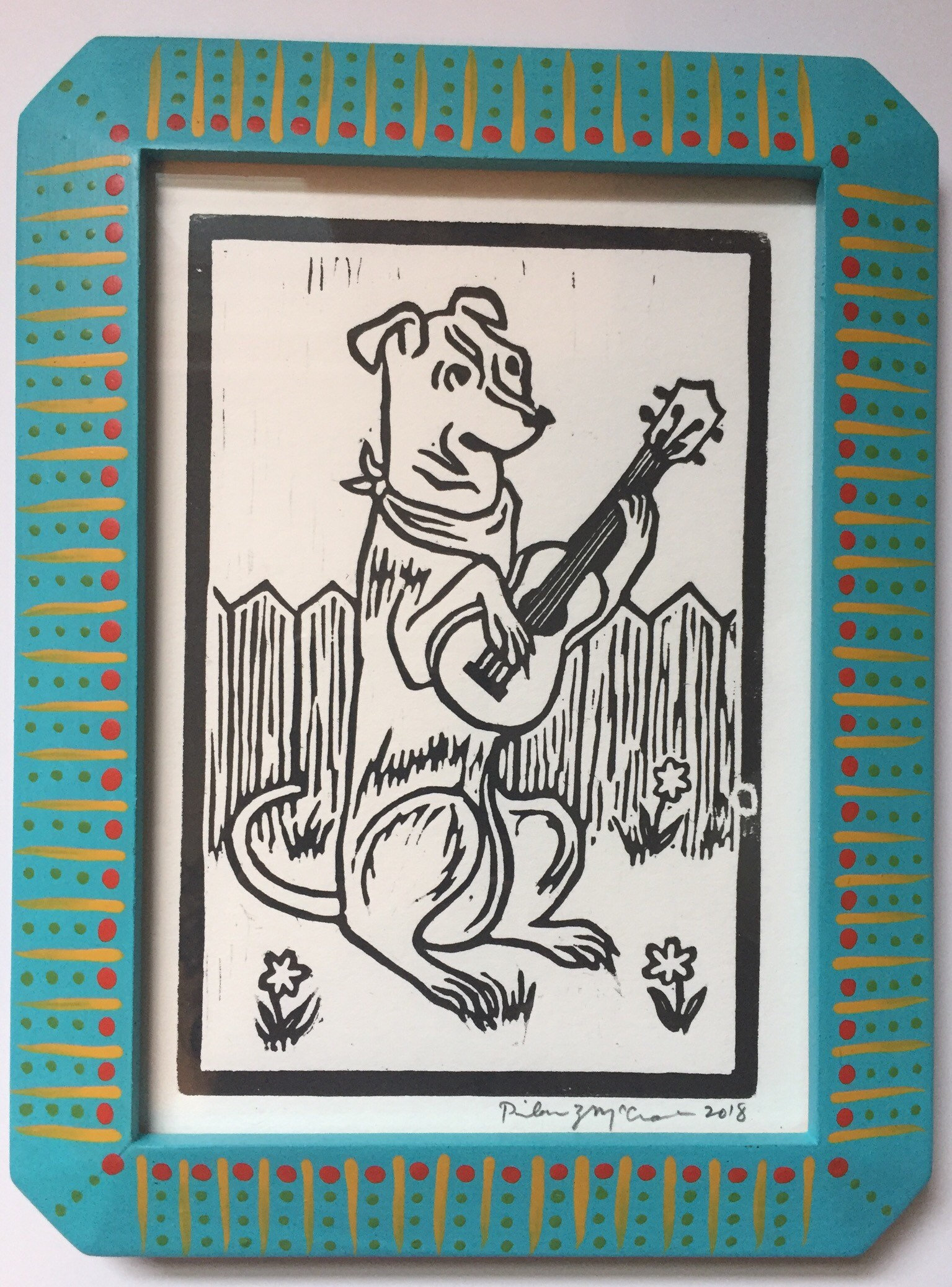 Dog Playing Ukulele Woodcut Print in Decorated Frame - Etsy