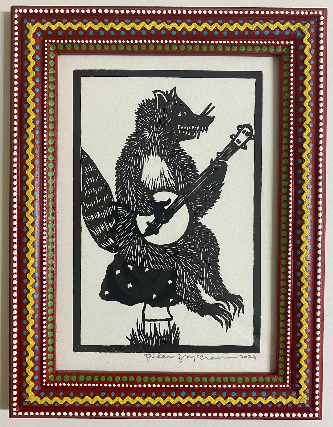 Raccoon Playing Banjo Linocut Print in Decorated Frame - Etsy
